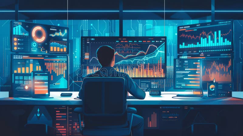 Man Sitting at Desk with Two Monitors Stock Image - Image of office ...