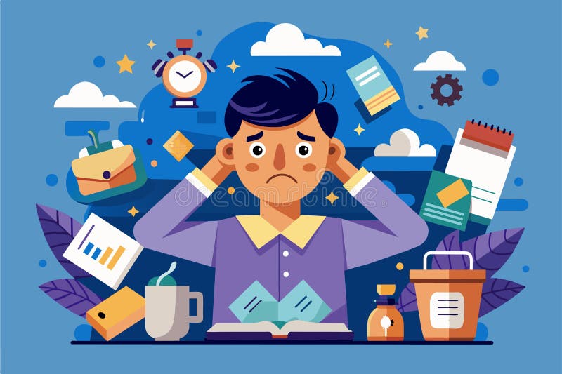 A Man is Seated at a Desk with His Hands Placed on His Head, Appearing ...