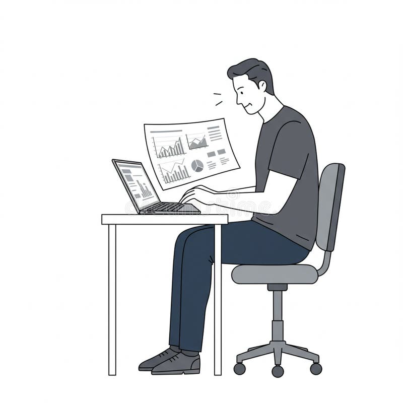 A Man is Seated at a Desk Using a Laptop. he S Viewing Graphs and ...
