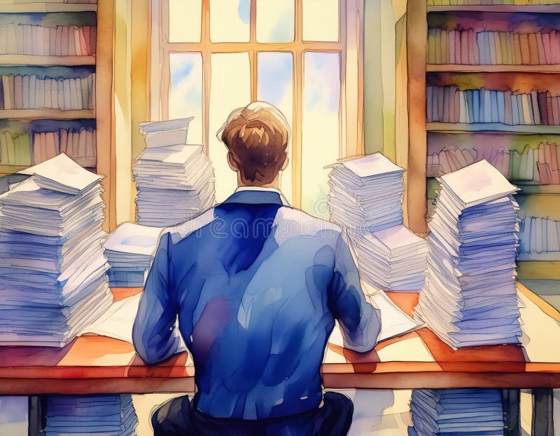 Man Sitting at Desk Surrounded by Papers. Generative AI Stock Photo ...