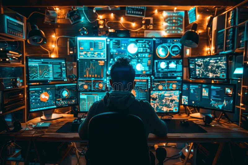 A Man is Seated at a Desk, Working in Front of Numerous Computer ...