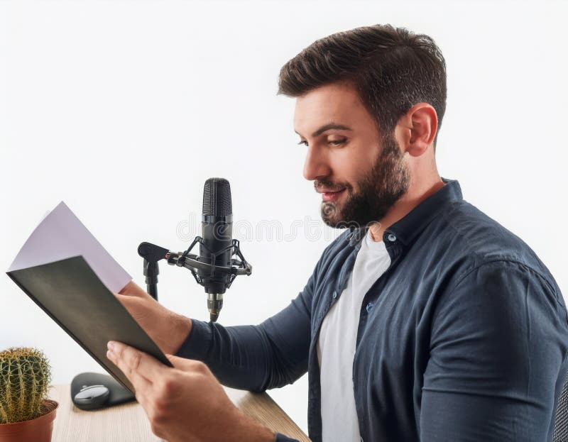 A Focused Male Voice Over Artist Holding a Script, Adjusting Mic ...