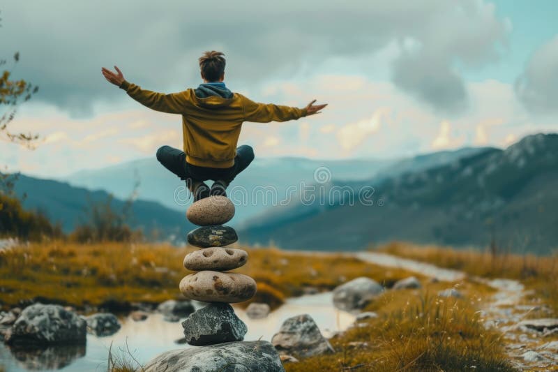 Work-life Balance Concept Man Sitting on Top of a Pile of Rocks ...