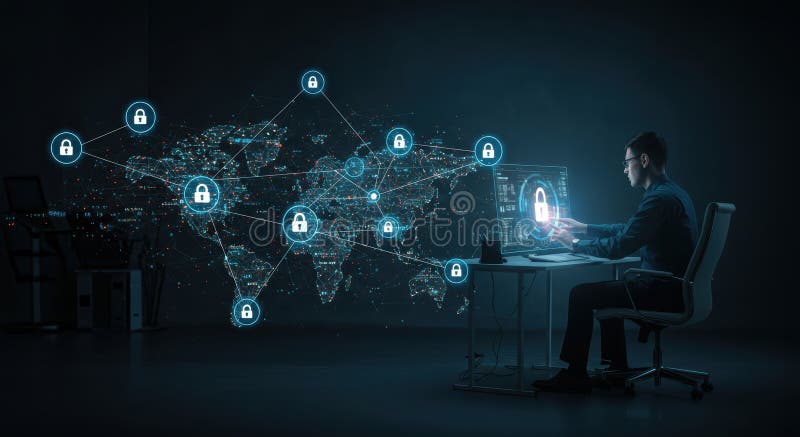 A Man Secures the Global Network with Digital Protection, Overseeing ...