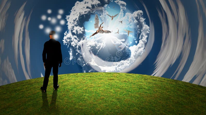 Man See Angels in Surreal Sky Stock Illustration - Illustration of ...