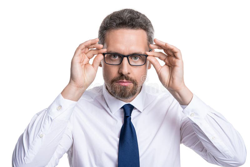 Man See in Eyewear Isolated on White. Man See in Eyewear at Studio ...