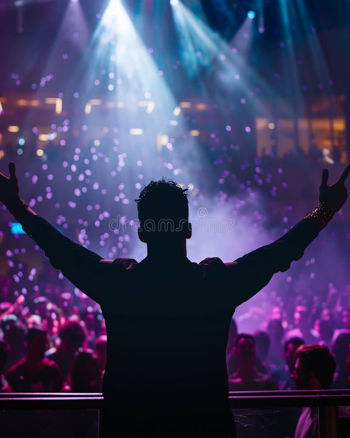 A Man Seen from Back in a Music Event, Dancing in Neon Color Lights ...