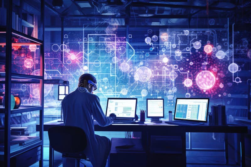 A Man is Seen Sitting at a Desk, Focused on His Work, with Two Computer ...