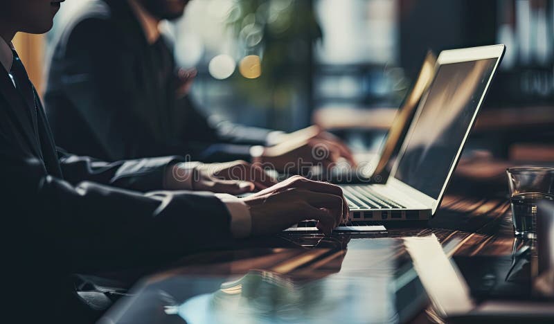 Man Sitting at Table Using Laptop Computer Stock Image - Image of ...