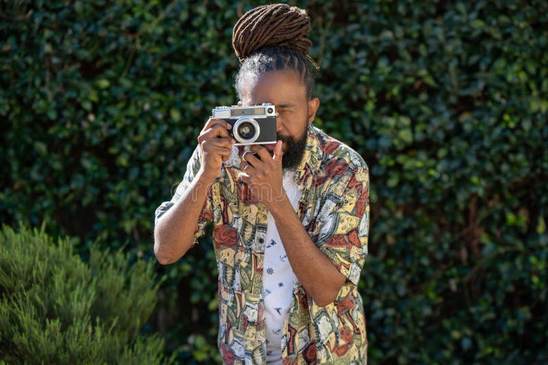 Portrait of Man Taking Photos with Vintage Camera Stock Photo - Image ...
