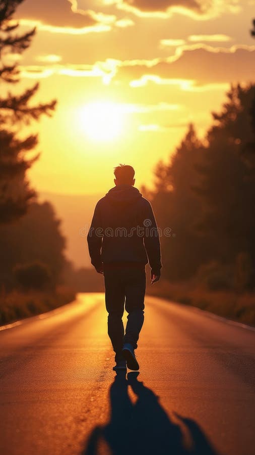 Man Walking on an Empty Road Towards Sunset, Surrounded by Trees and ...