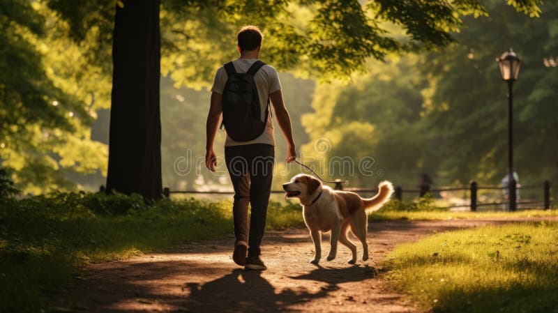 A Man Walking a Dog on a Path in a Park. Generative AI. Stock Image ...