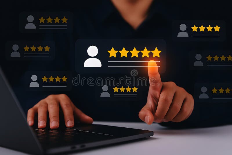 Man Selecting Five Stars Rating on a Digital Screen Representing ...