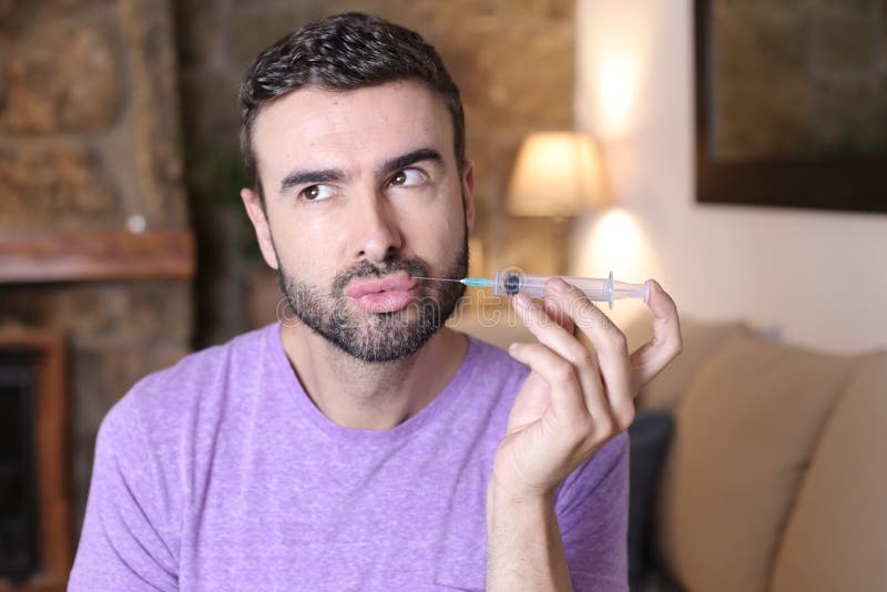 Man Self Injecting Botox with Syringe Stock Image - Image of mouth ...