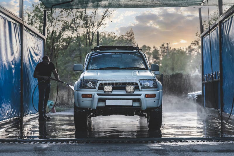 Man on Self-service Washes His White Suv 4x4 Car Stock Image - Image of ...
