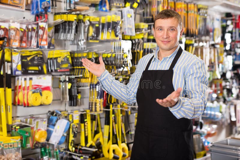 Man Seller in Apron Having Tools in Hands Stock Photo - Image of male ...