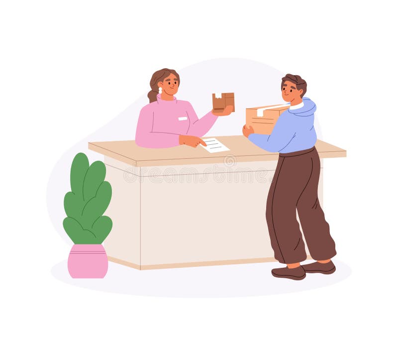 Man Sending Parcel from Post Office. Young Customer Stand at Counter ...