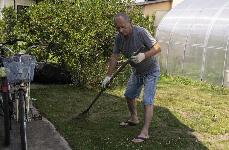 The Man Senor Cleans Up the Garbage on the Land Plot. Stock Photo ...
