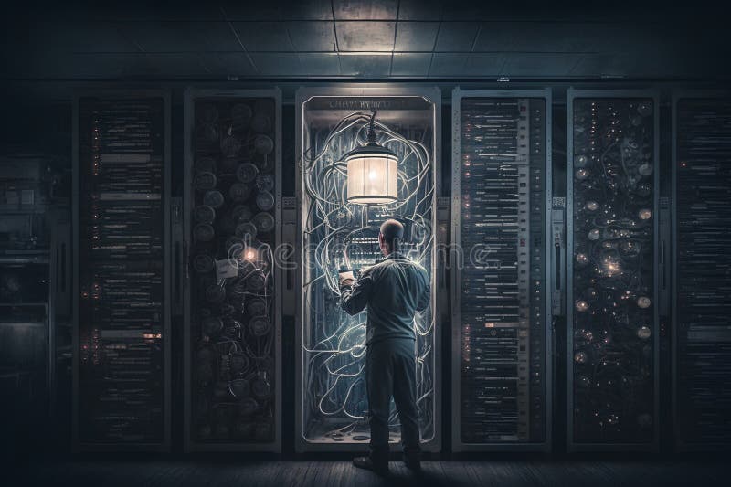 Man in Server Room with Glowing Lamp. Mixed Media Stock Illustration ...
