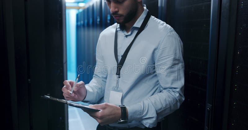 Man, Server Room Inspection and Documents for Information Technology ...