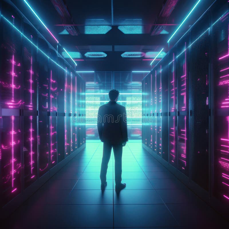 A Man in a Server Room, a System Administrator. Neon Light Stock ...