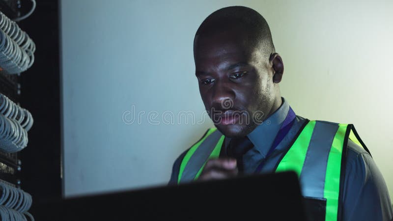 Man, Server Room and Thinking on Computer for Cybersecurity Maintenance ...