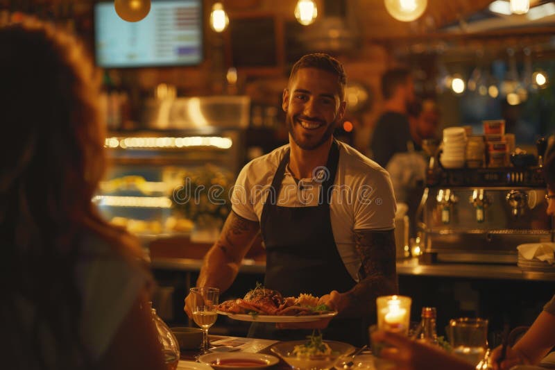 Man Serving Food To Woman at a Restaurant Stock Image - Image of ...