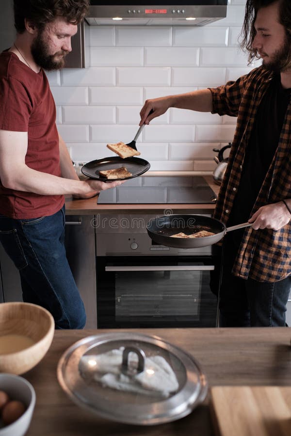 Man Serving Fried Toasts from the Pan Stock Image - Image of care ...