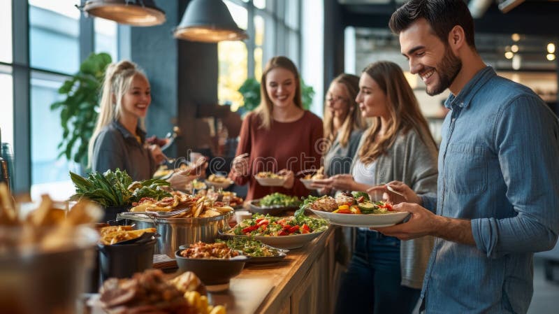 Man Serving Himself Salad at a Buffet with Friends Stock Illustration ...