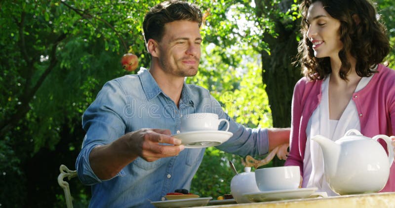 Man Serving Tea To Woman in Park Stock Video - Video of happy, care ...
