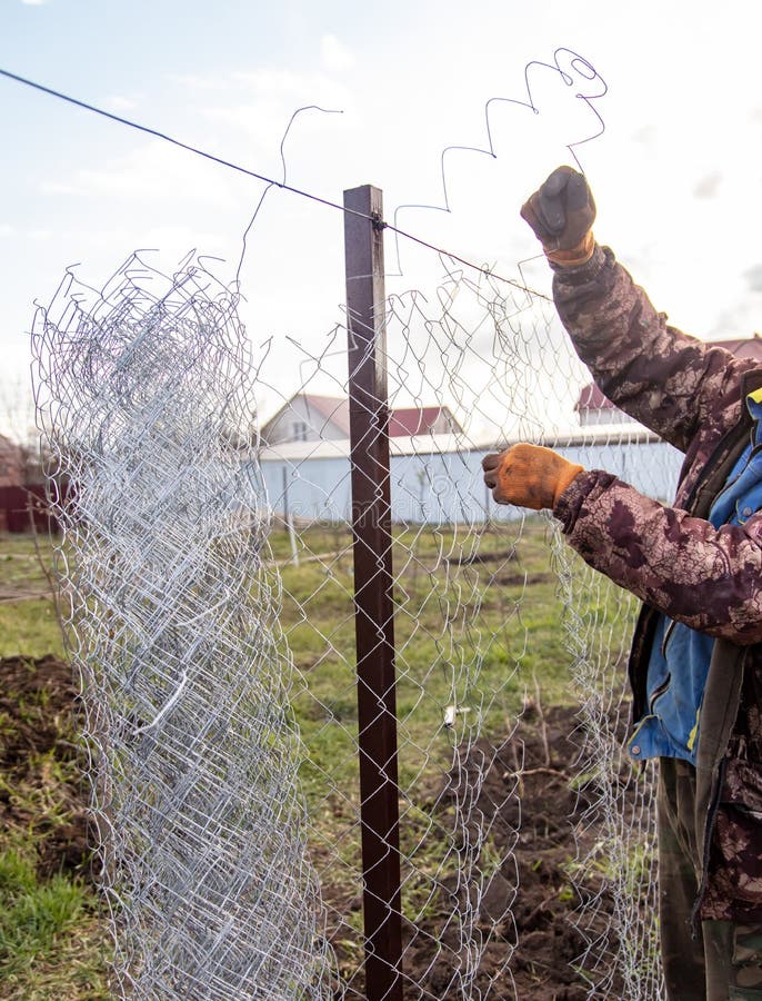 A Man Sets a Metal Mesh on the Fence Stock Photo - Image of human ...