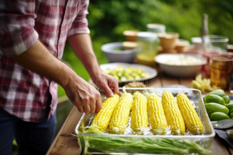 Man Setting Down Tray of Butter Glazed Sweet Corn at a Potluck Stock ...
