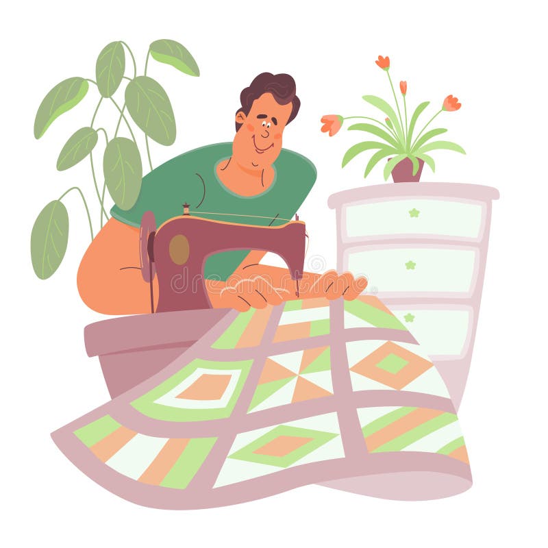 Man is Sewing on a Sewing Machine Stock Vector - Illustration of fabric ...