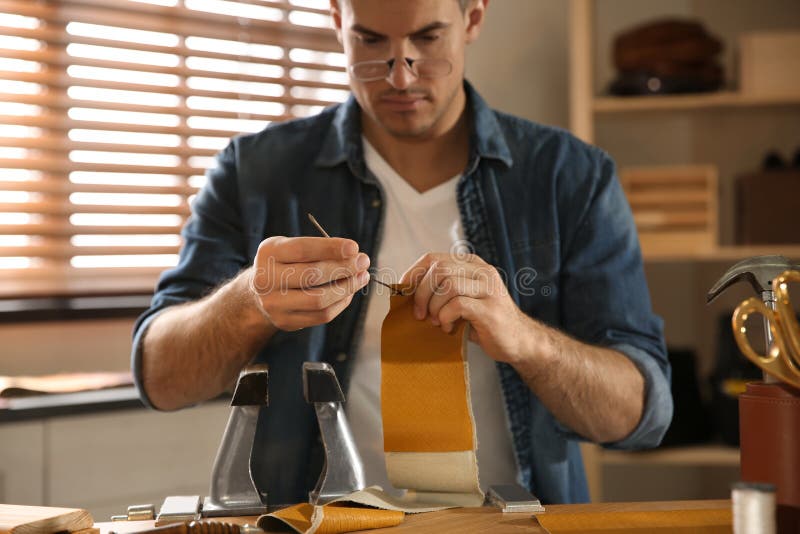 Man Sewing Piece of Leather in Workshop Stock Image - Image of fashion ...