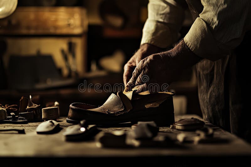 Man is Sewing a Shoe with a Needle and Thread. Stock Image - Image of ...