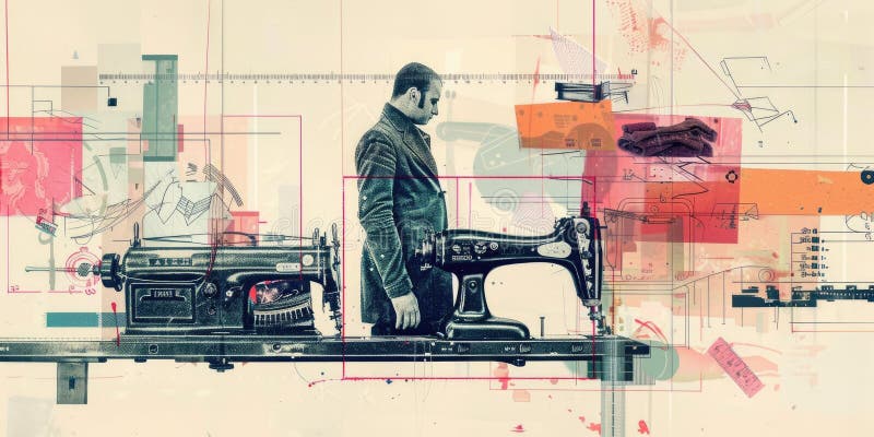 A Man Sews a Garment with a Sewing Machine AIGZ01 Stock Illustration ...