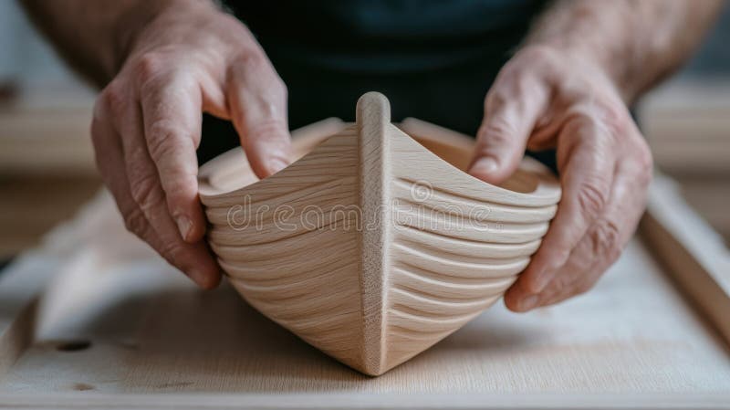 A Man is Shaping a Wooden Boat with His Hands, AI Stock Image - Image ...