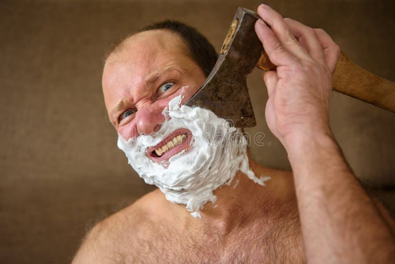 Man shaves with an ax stock image. Image of person, macho - 81676763