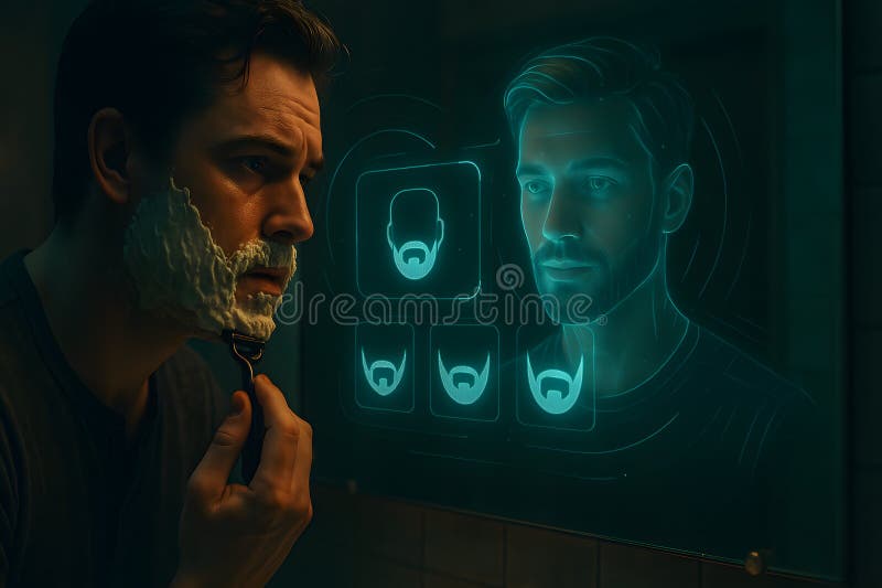 Man Shaving in Front of Futuristic Smart Mirror with Holographic Beard ...