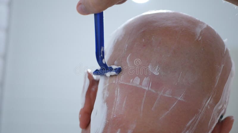 Man Shaving His Head Using White Foam and a Sharp Razor Blade, Healthy ...
