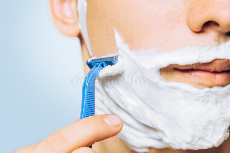 Man is Shaving with Razor, Close-up Stock Image - Image of close ...