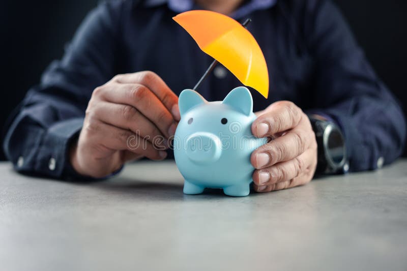 Man Sheltering Piggy Bank with Umbrella. Risk Insurance in Banking ... Man Sheltering Piggy Bank with Umbrella. Risk Insurance in Banking ...