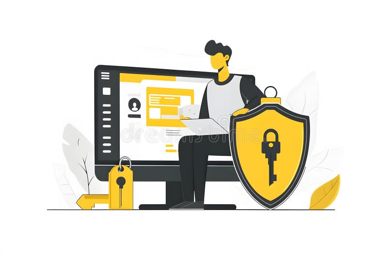 Man with Shield and Key, Securing Online Data. Concept of Digital ...