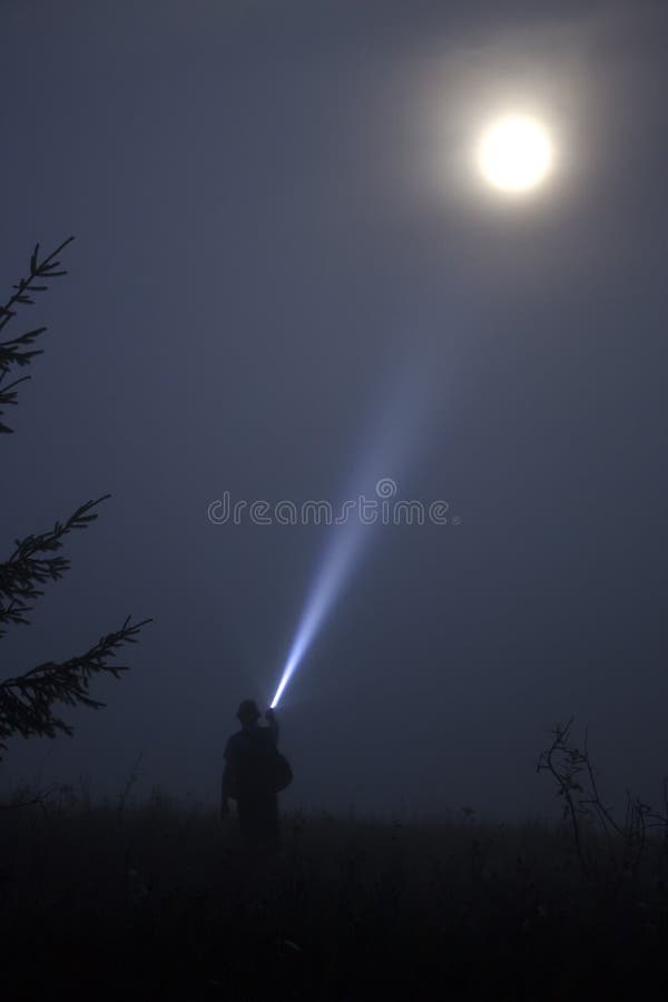 Man Shines a Flashlight in the Night Moon Sky Stock Image - Image of ...