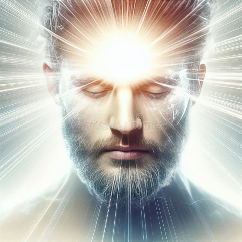 A Man with a Shining Light in the Area of the Third Eye. Stock Photo ...