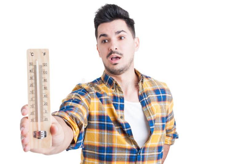 Man In Shirt Holding A Thermometer In His Hand Stock Image Image Of