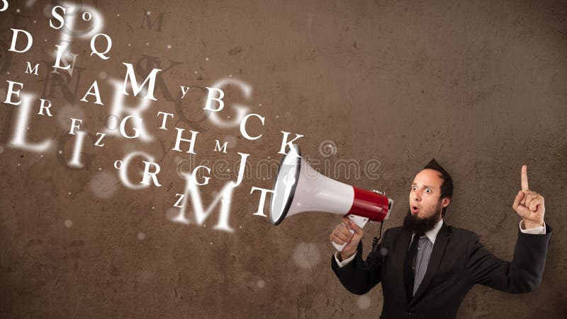 Man in Shirt Shouting into Megaphone and Text Come Out Stock Image ...