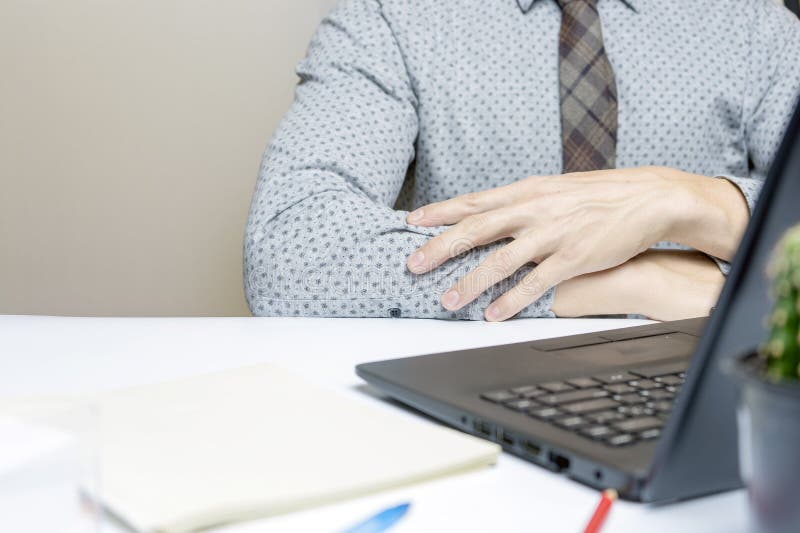 Man in Shirt and Tie, Holding Hands on Desk. Close Up. Stock Image ...