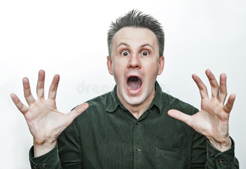 Man With Shocked Amazed Expression Isolated On White Background Stock