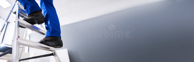 Man in Shoes on Step Ladder Stock Image - Image of plumber, step: 238560863